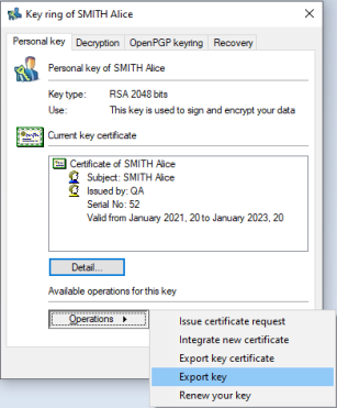 Exporting a security key
