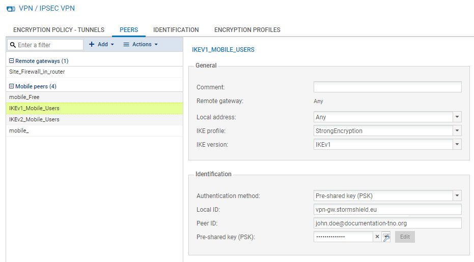 Creating the profile of IPsec VPN peers